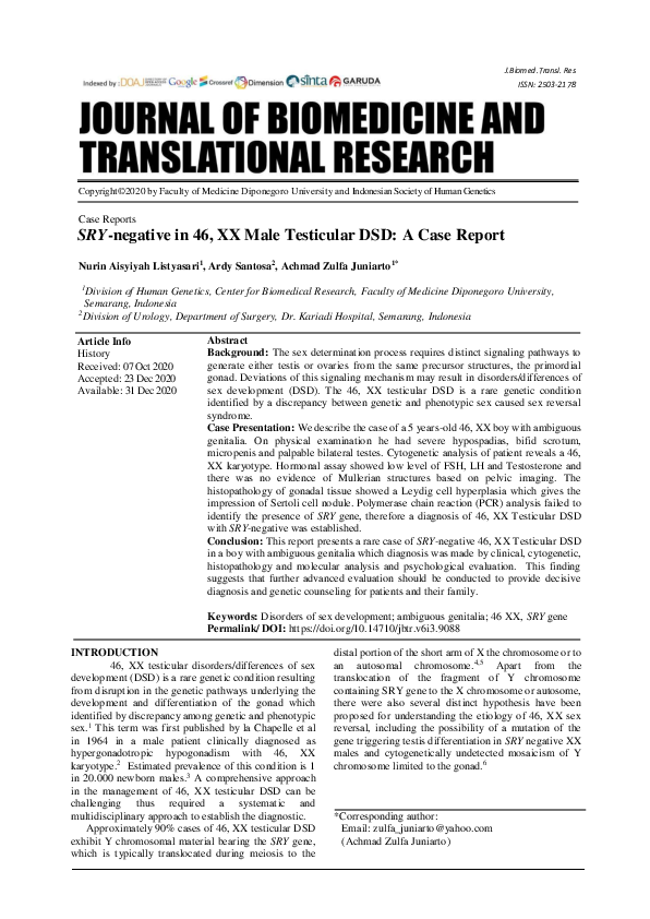 (PDF) SRY-negative in 46, XX Male Testicular DSD: a case report