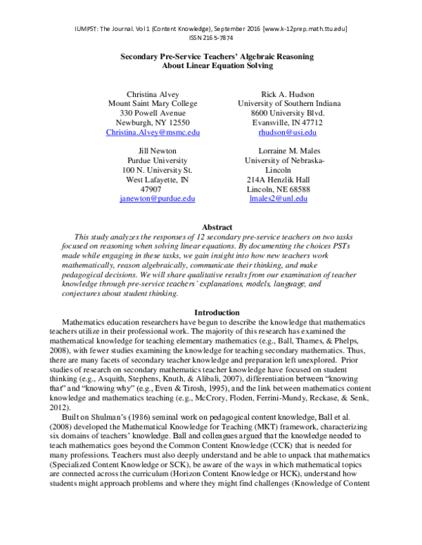 (PDF) Secondary Pre-Service Teachers’ Algebraic Reasoning About Linear ...