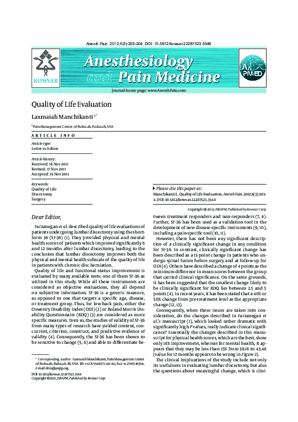 (PDF) Quality of Life Evaluation
