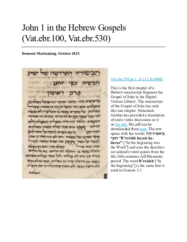(PDF) John 1 in the Hebrew Gospels (Vat.ebr.100, Vat.ebr.530)