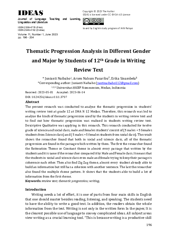 (PDF) Thematic Progression Analysis in Different Gender and Major by ...
