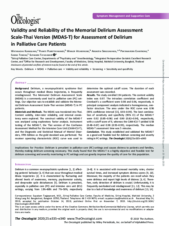 (PDF) Validity and Reliability of the Memorial Delirium Assessment ...