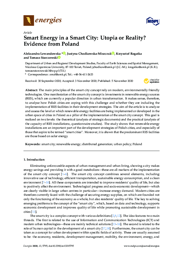 (PDF) Smart Energy in a Smart City: Utopia or Reality? Evidence from Poland