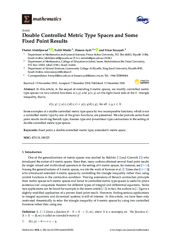 (PDF) Double Controlled Metric Type Spaces and Some Fixed Point Results