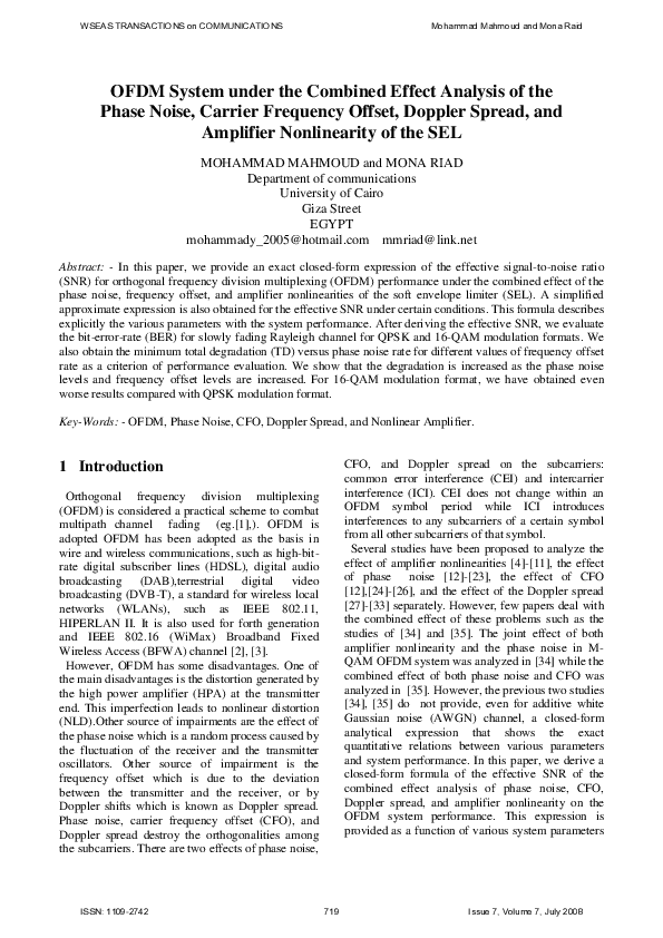 (PDF) OFDM system under the combined effect analysis of the phase noise ...