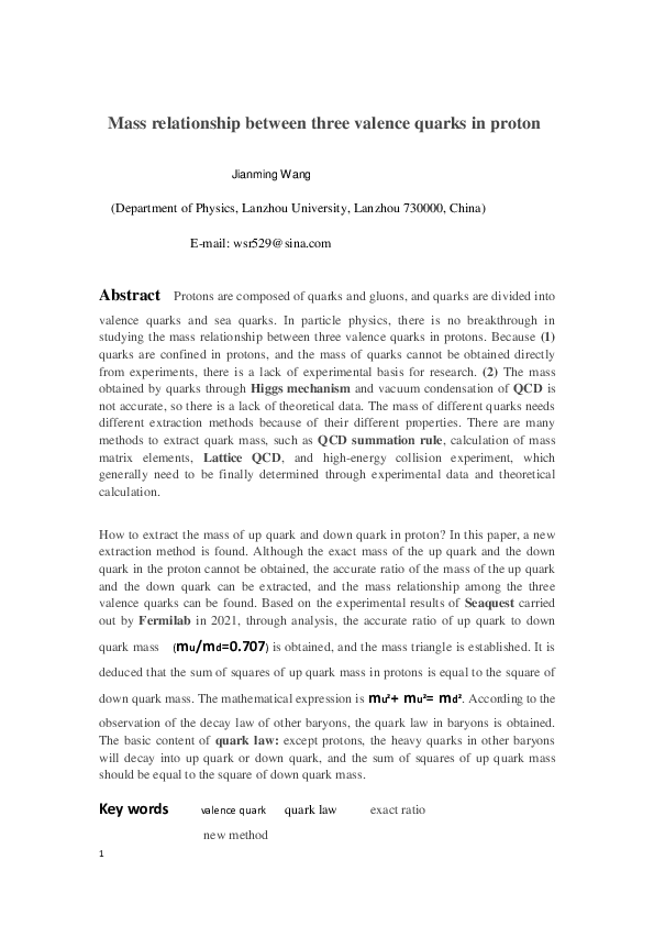 (PDF) Mass relationship between three valence quarks in proton