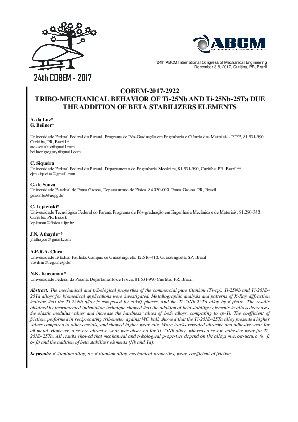 (PDF) TRIBO-MECHANICAL BEHAVIOR OF Ti-25Nb AND Ti-25Nb-25Ta DUE THE ...