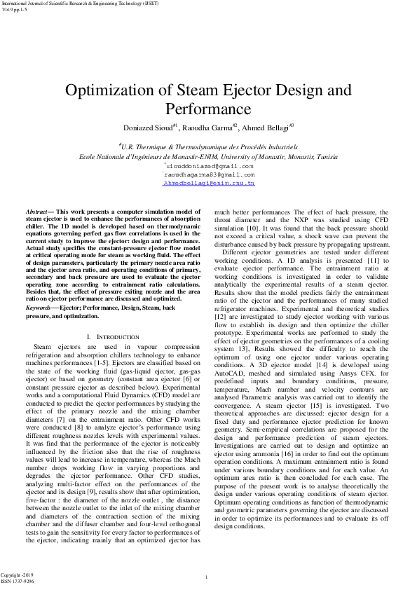 (PDF) Optimization of Steam Ejector Design and Performance