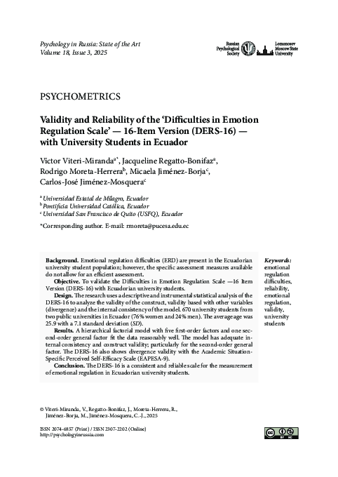 (PDF) Validity and Reliability of the 'Difficulties in Emotion ...
