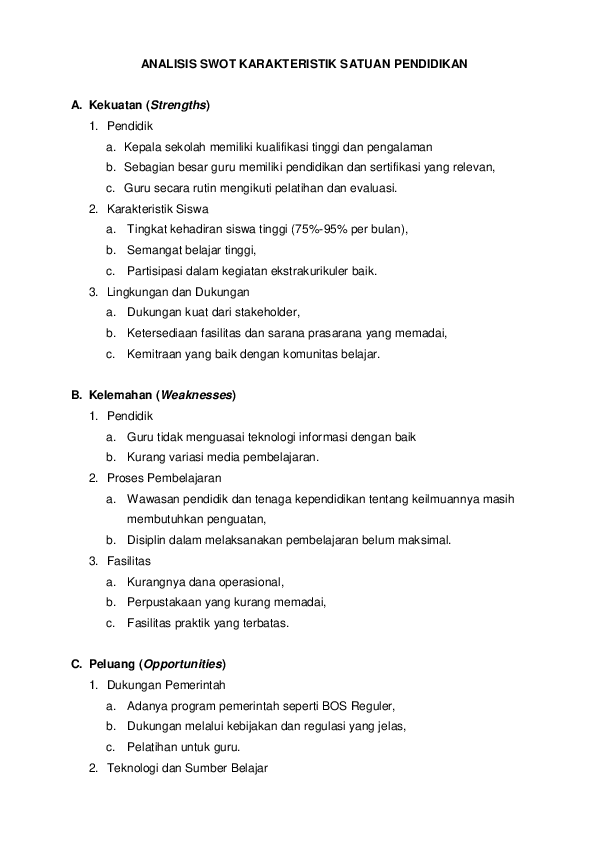 (PDF) Contoh Analisis SWOT Karakteristik Satuan Pendidikan