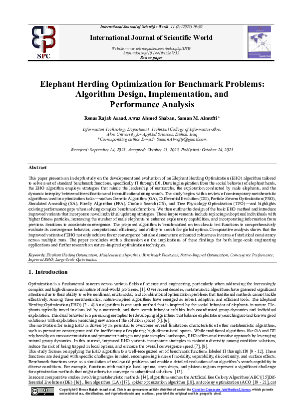 (PDF) Elephant Herding Optimization for Benchmark Problems: Algorithm Design, Implementation ...