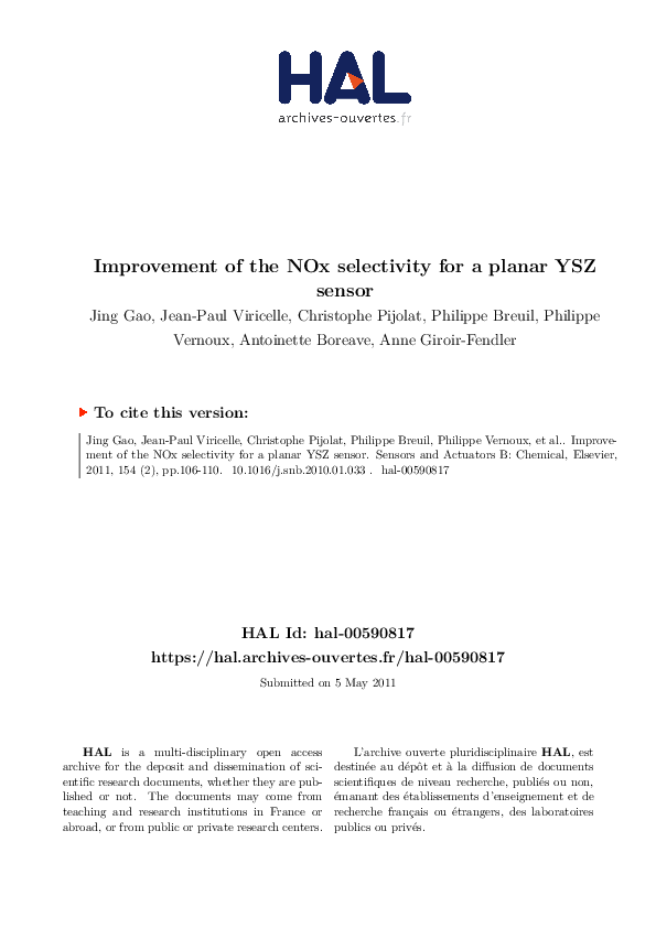 (PDF) Improvement of the NOx selectivity for a planar YSZ sensor