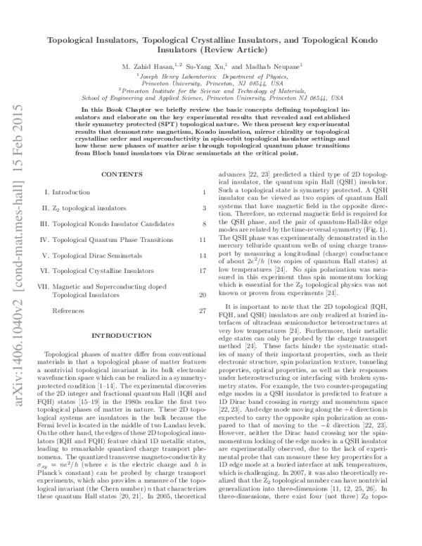 (PDF) Topological Insulators, Topological Crystalline Insulators, and Topological Kondo Insulators