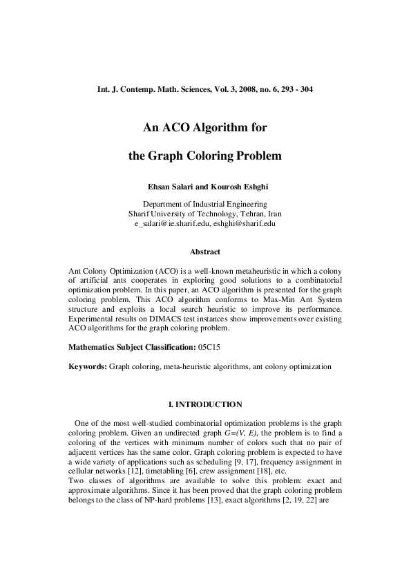 (PDF) An ACO Algorithm for the Graph Coloring Problem