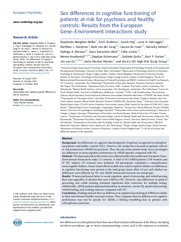 Pdf Sex Differences In Cognitive Functioning Of Patients At Risk For Psychosis And Healthy