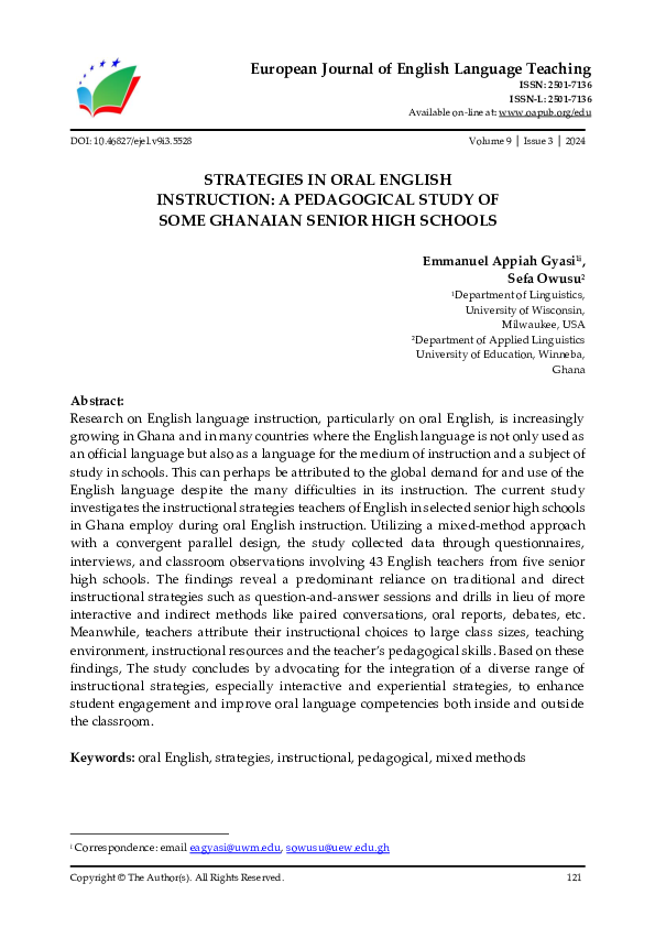 (PDF) STRATEGIES IN ORAL ENGLISH INSTRUCTION: A PEDAGOGICAL STUDY OF ...