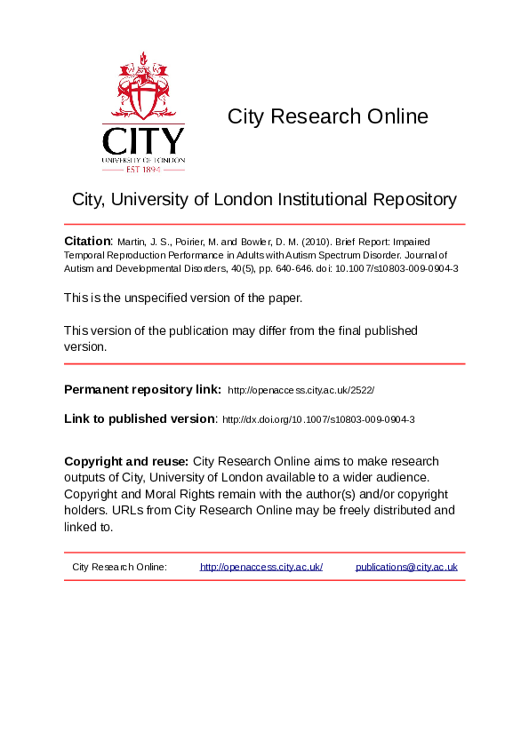 (PDF) Brief Report: Impaired Temporal Reproduction Performance in ...