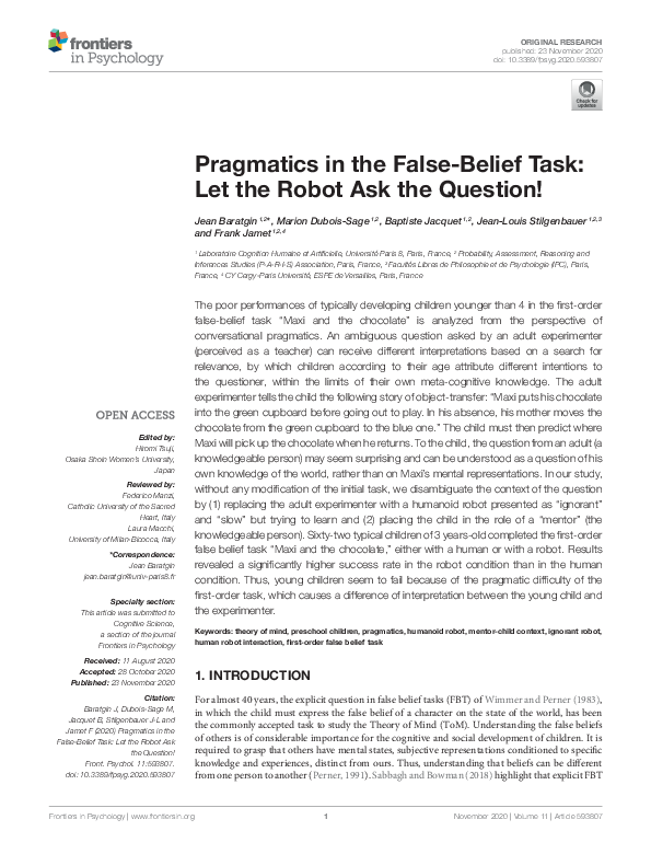 (PDF) Pragmatics in the False-Belief Task: Let the Robot Ask the Question!