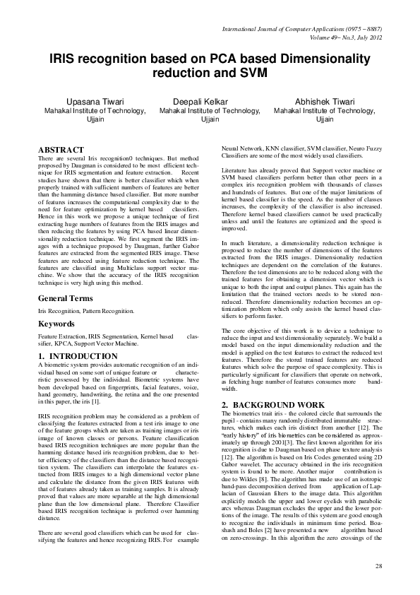 (PDF) IRIS Recognition based on PCA based Dimensionality Reduction and SVM