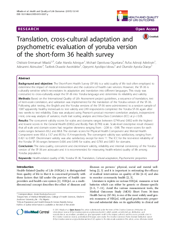 (PDF) Translation, cross-cultural adaptation and psychometric evaluation of yoruba version of ...
