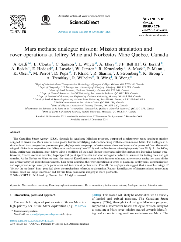 (PDF) Mars methane analogue mission: Mission simulation and rover operations at Jeffrey Mine and ...