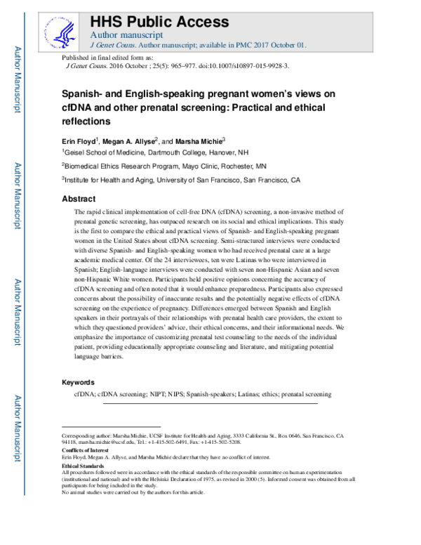 (PDF) Spanish‐ and English‐Speaking Pregnant Women's Views on cfDNA and ...