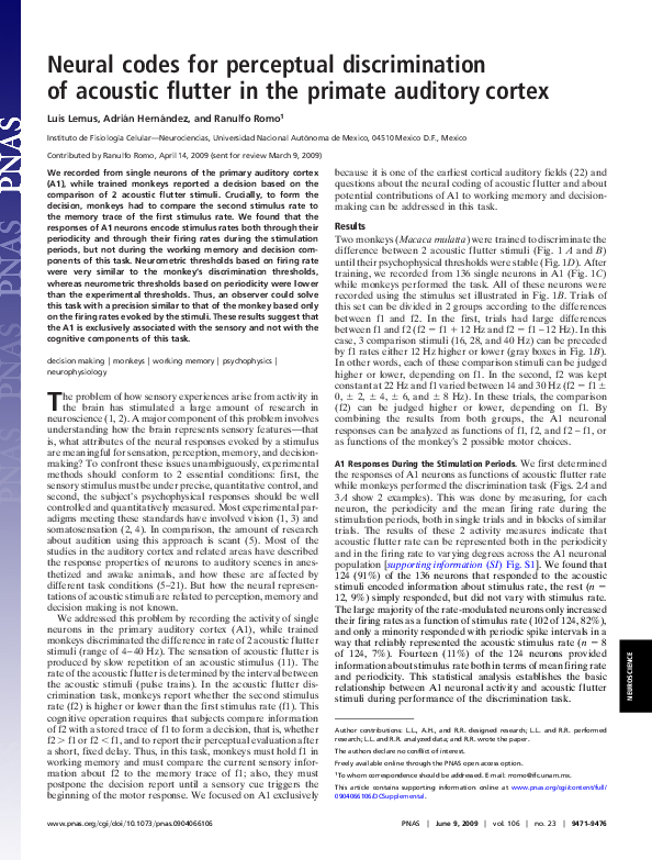 (PDF) Neural codes for perceptual discrimination of acoustic flutter in ...