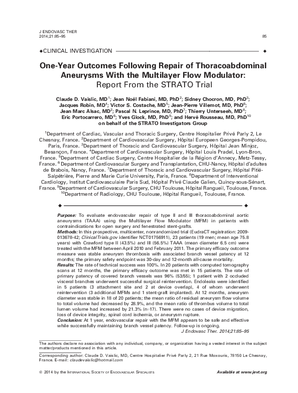 (PDF) One-Year Outcomes Following Repair of Thoracoabdominal Aneurysms ...