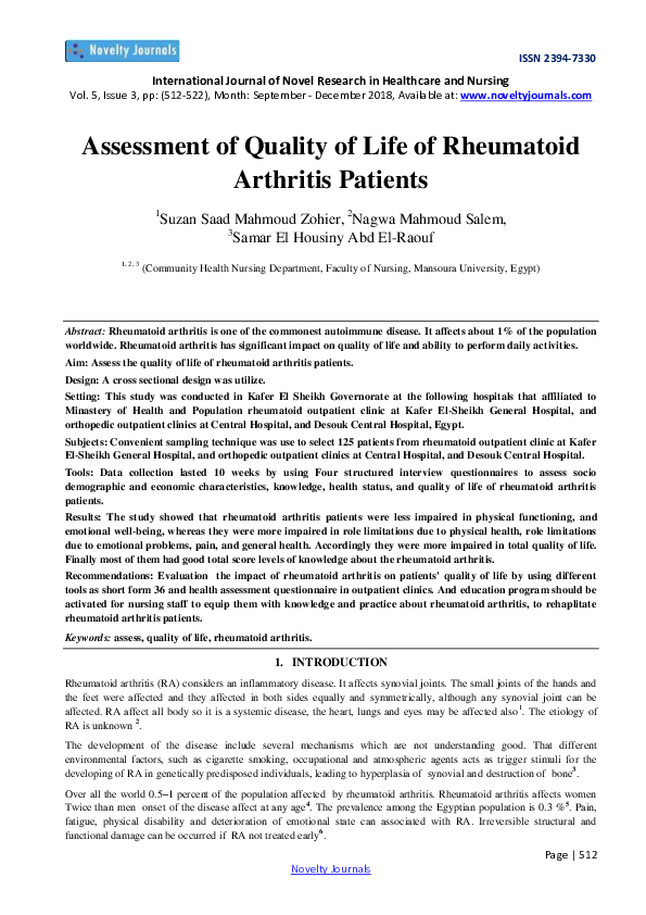 (PDF) Assessment of Quality of Life of Rheumatoid Arthritis Patients