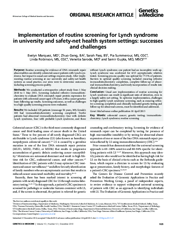 (PDF) Implementation of routine screening for Lynch syndrome in ...