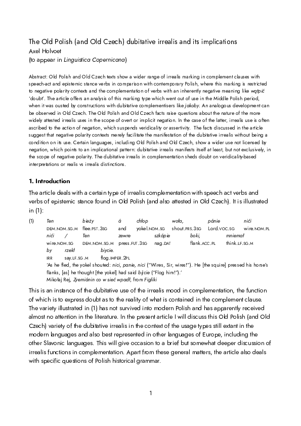 (PDF) The Old Polish (and Old Czech) dubitative irrealis and its ...