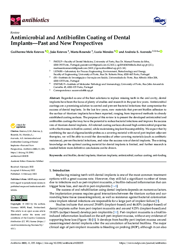 (PDF) Antimicrobial and Antibiofilm Coating of Dental Implants—Past and ...