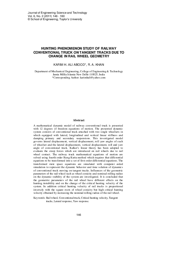 (PDF) Hunting Phenomenon Study of Railway Conventional Truck on Tangent ...