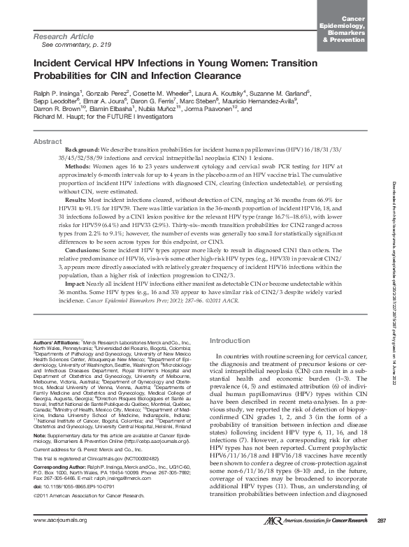(PDF) Incident Cervical HPV Infections in Young Women: Transition Probabilities for CIN and ...
