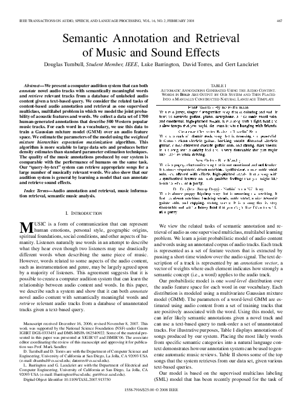 (PDF) Semantic Annotation and Retrieval of Music and Sound Effects