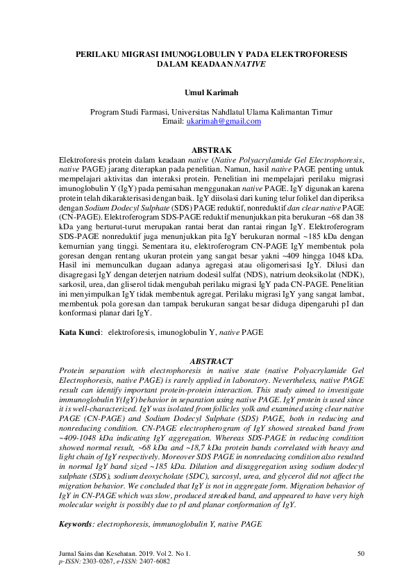 (PDF) Migration Behavior of Immunoglobulin Y in Native Page Electrophoresis
