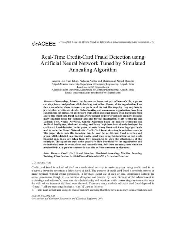 (PDF) Real-Time Credit-Card Fraud Detection using Artificial Neural Network Tuned by Simulated ...