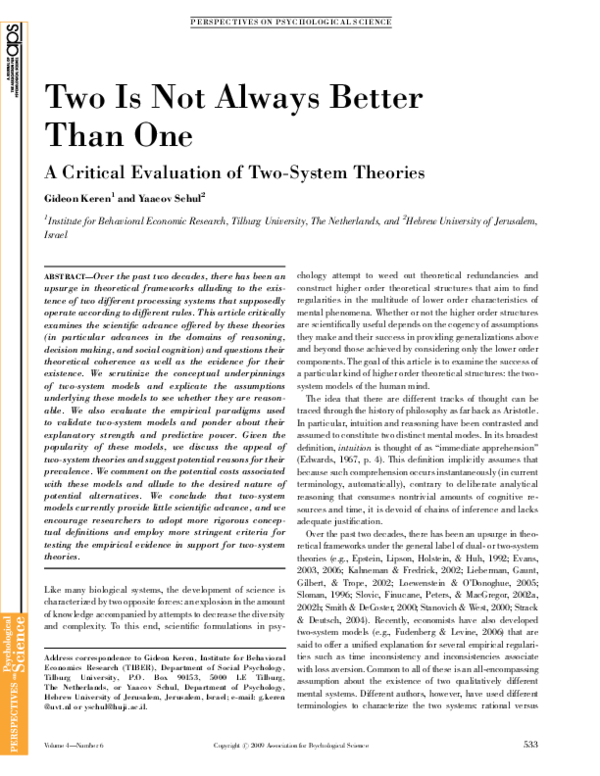 (PDF) Two Is Not Always Better Than One