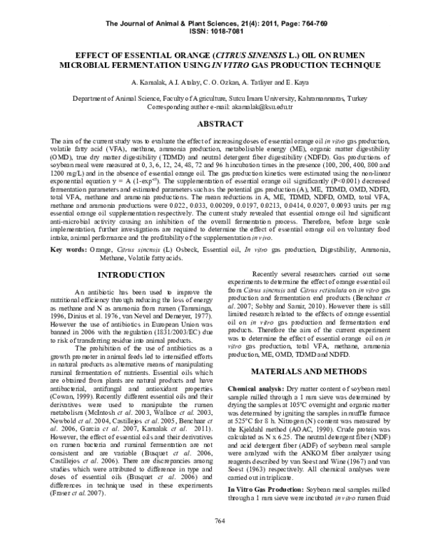 (PDF) Effect of Essential Orange (Citrus Sinensis L.) Oil on Rumen ...