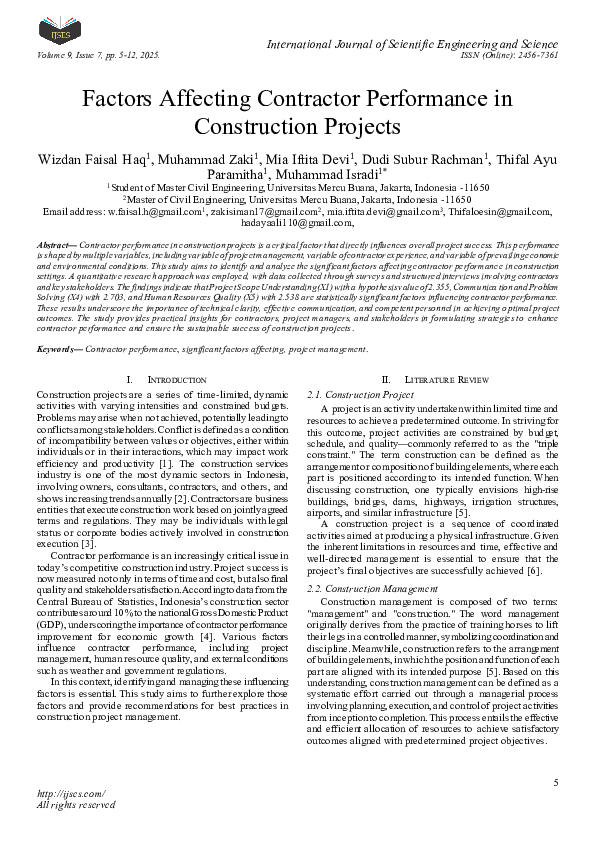 (PDF) Factors Affecting Contractor Performance in Construction Projects