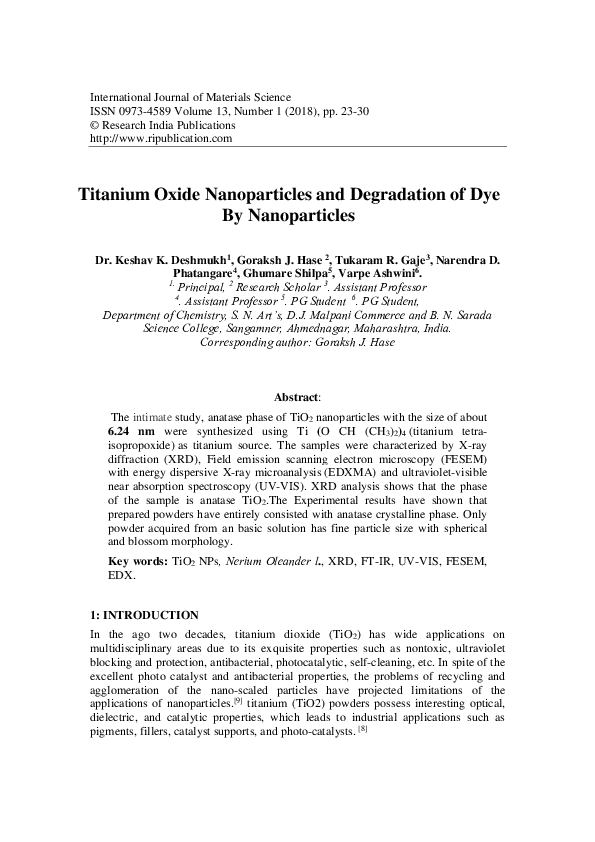 (PDF) Titanium Oxide Nanoparticles and Degradation of Dye By Nanoparticles