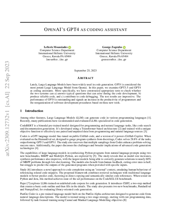 (PDF) OpenAi's GPT4 as coding assistant