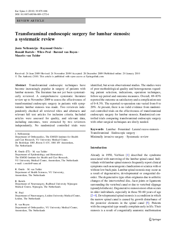 (PDF) Transforaminal endoscopic surgery for lumbar stenosis: a ...
