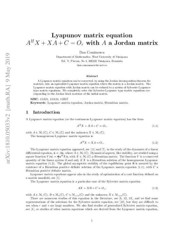 (PDF) R A ] 1 0 O ct 2 01 8 Lyapunov matrix equation