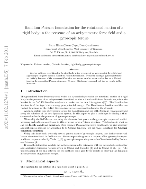 (PDF) Hamilton–Poisson formulation for the rotational motion of a rigid ...