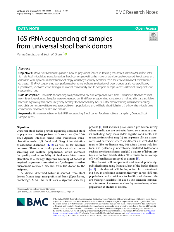 (PDF) 16S rRNA sequencing of samples from universal stool bank donors