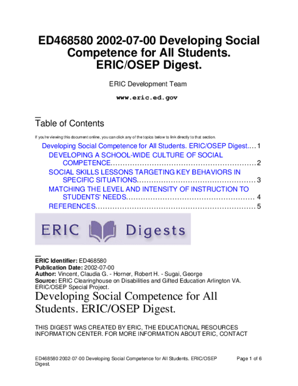 (PDF) Developing Social Competence for All Students. ERIC/OSEP Digest