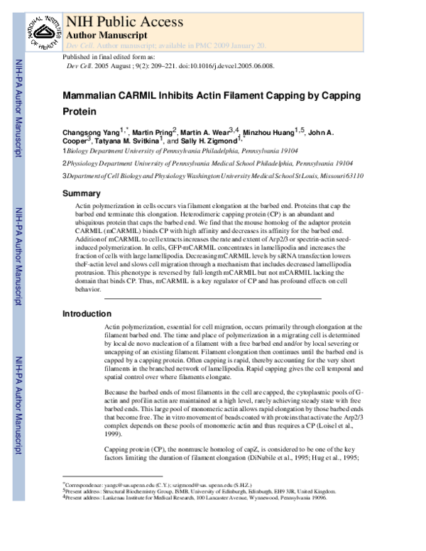 (PDF) Faculty of 1000 evaluation for Mammalian CARMIL inhibits actin ...