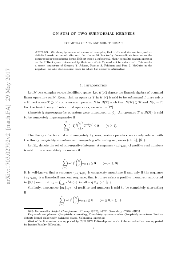 (PDF) On the sum of two subnormal kernels