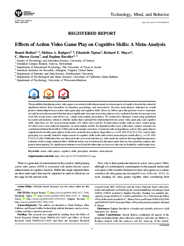 (PDF) Effects of action video game play on cognitive skills: A meta ...